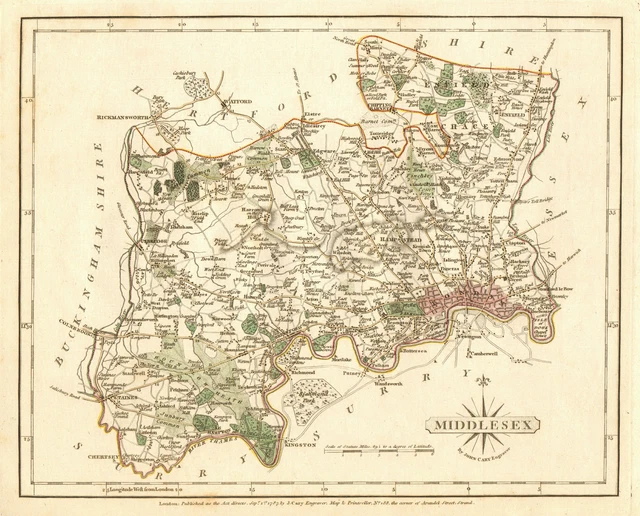 ANTIQUE COUNTY MAP of MIDDLESEX by JOHN CARY. Original outline colour ...