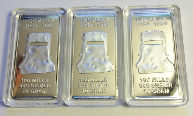 &NEW& NED KELLY SET OF 3 x 10 Gram INGOTS Finished in 999 Silver ...