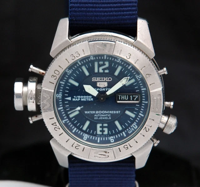 SEIKO 5 SPORTS Map Meter AUTOMATIC Mens 200M Diver WATCH 23J Blue Dial ...