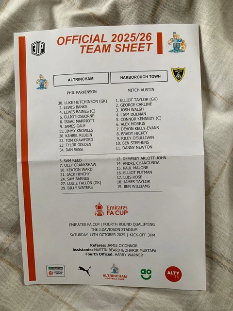 ALTRINCHAM V HARBOROUGH Town (FA Cup team sheet) 2025 £1.17 - PicClick UK