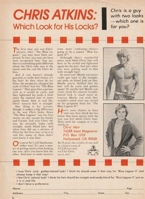 CHRISTOPHER ATKINS TEEN magazine pinup clipping 80's shirtless which ...