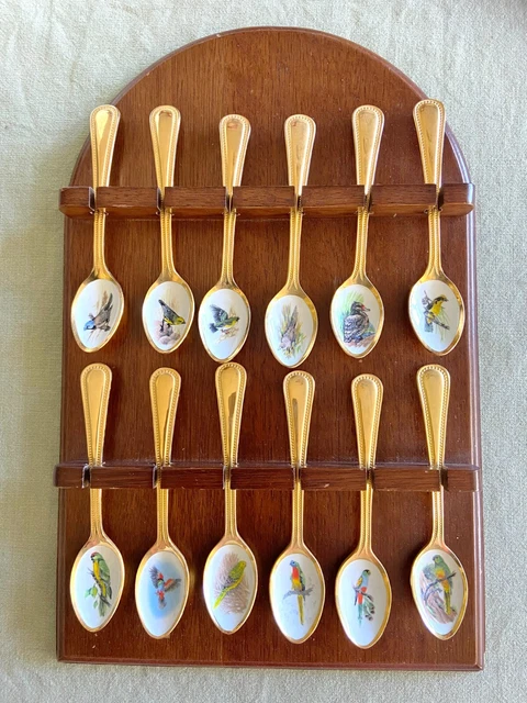 12 GOLD PLATED Enamelled Teaspoons Rare Birds of Australia Japan Wood ...