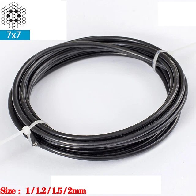STAINLESS STEEL WIRE Rope Black PVC Plastic Coated Metal Cable Rigging ...