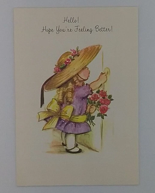 VINTAGE GET WELL Card, 'Hello! Hope You're Feeling Better' Girl, Hat ...