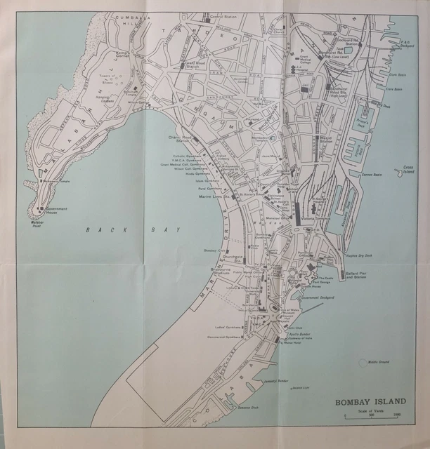 1955 INDIA INDIAN Pakistan Tourist Map Bombay Island Fort George ...
