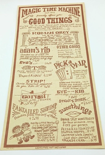 VINTAGE MAGIC TIME Machine Restaurant Menu 1978 $22.99 - PicClick