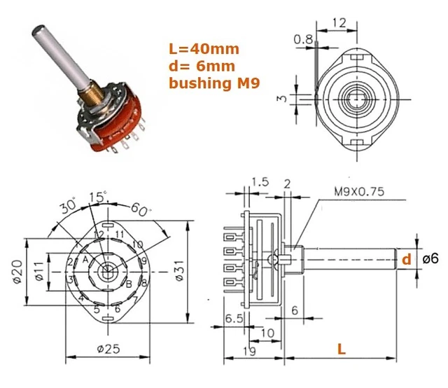 ALPHA ROTARY SWITCH SR25 2 pole 2 positions, switching, d= 6mm SR2511F ...