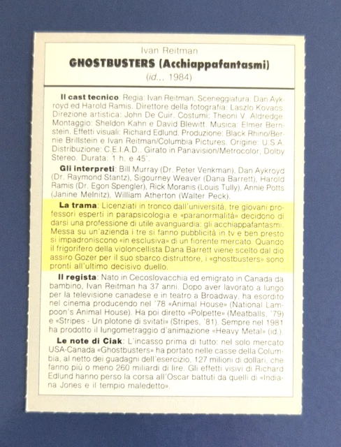 CARTOLINA GHOSTBUSTERS ACCHIAPPAFANTASMI Ivan Reitman Bill Murray Ciak ...