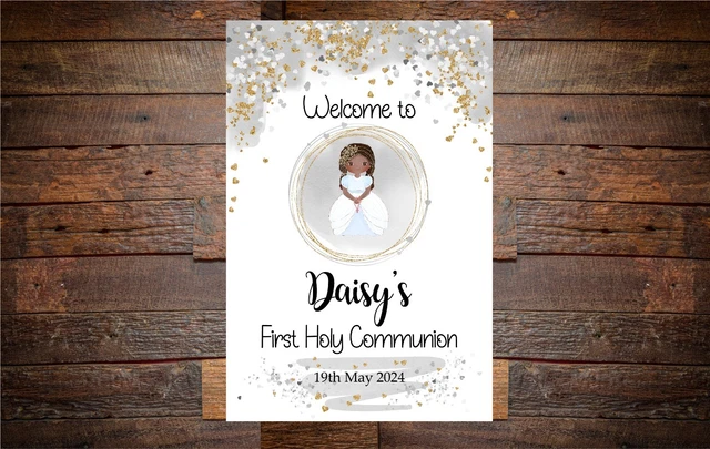 FIRST HOLY COMMUNION PERSONALISED Welcome Sign, Baptism Christening grey gold G £10.99 - PicClick UK