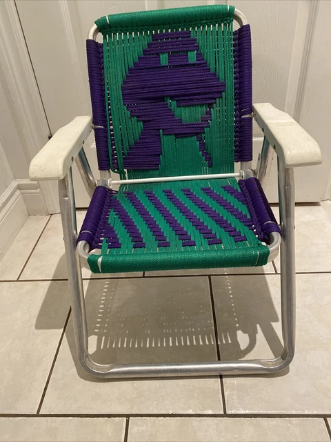 VINTAGE BARNEY THE dinosaur Aluminum Folding Lawn Chair Macrame Woven ...