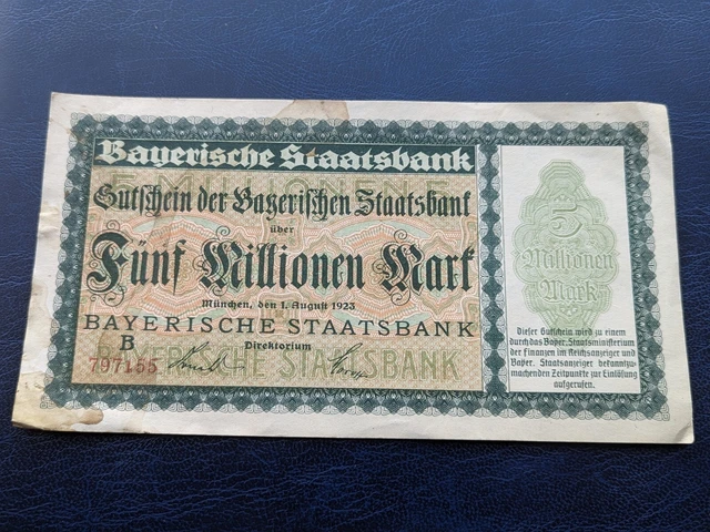 GERMAN 5 MILLION Mark Banknote (1923) Bayerische Staatsbank - High ...