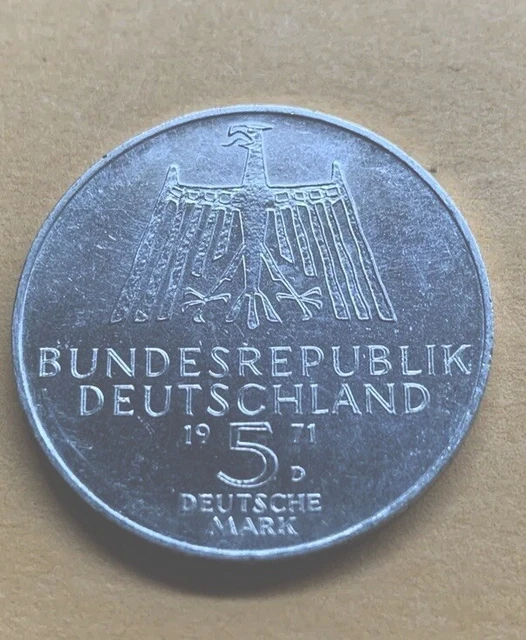 1971 D GERMANY Vintage ALBRECHT DURER Artist Silver German 5 Mark Coin ...