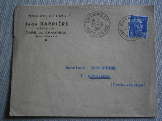 FRANCE GANDON LETTRE Enveloppe Cachet Tirete Champsac Haute Vienne ...