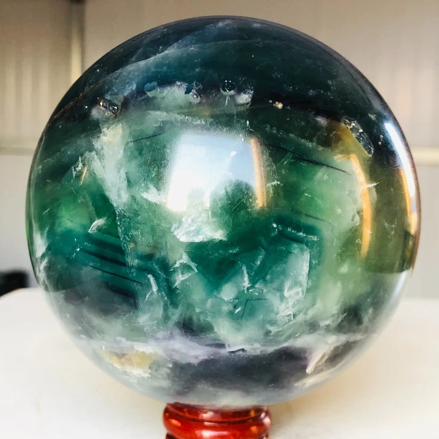 1552G NATURAL SNOWFLAKE feather Fluorite Quartz Crystal Sphere Healing ...