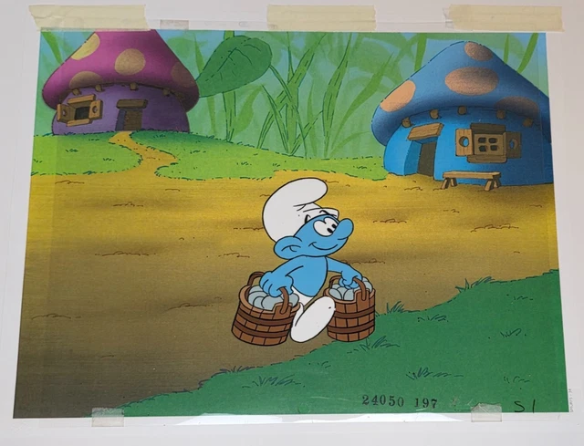 SMURFS PRODUCTION ANIMATION Cel Of Smurf Carrying Eggs Framed Coa Hanna ...