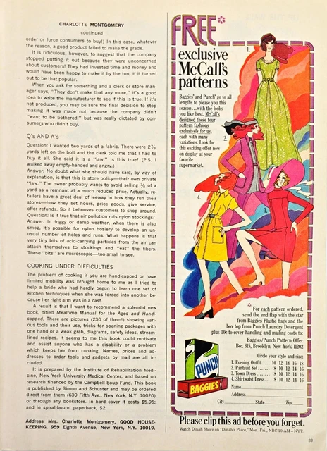 MCCALL'S PATTERNS SEWING Half Page Ad Vtg 1970 Print Ad 8 x 11 $9.50 ...