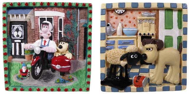 2 WALL DECORATIONS Shaun the Sheep + Wallace & Gromit 8x8cm Cartoon ...
