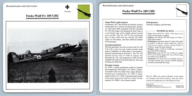 FOCKE-WULF FW 189 UHU- Recon. & Obs - Warplanes Collectors Club Card ...