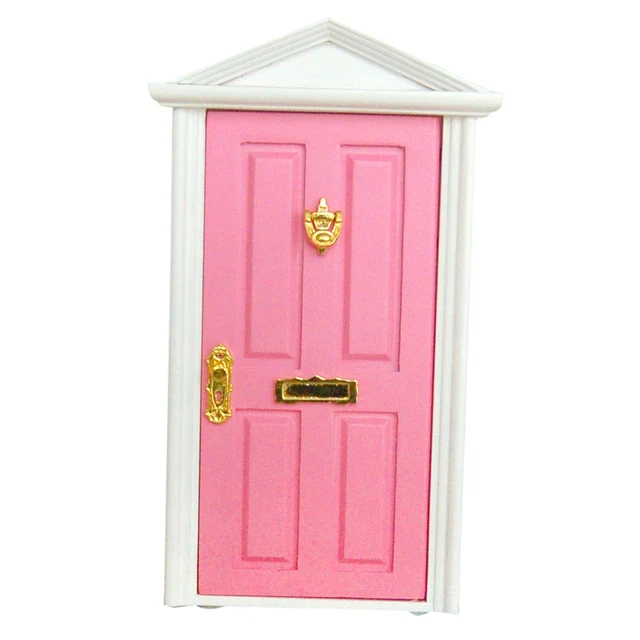 PINK PAINTED WOODEN Fairy Front Door with Knocker Plated Dolls House ...