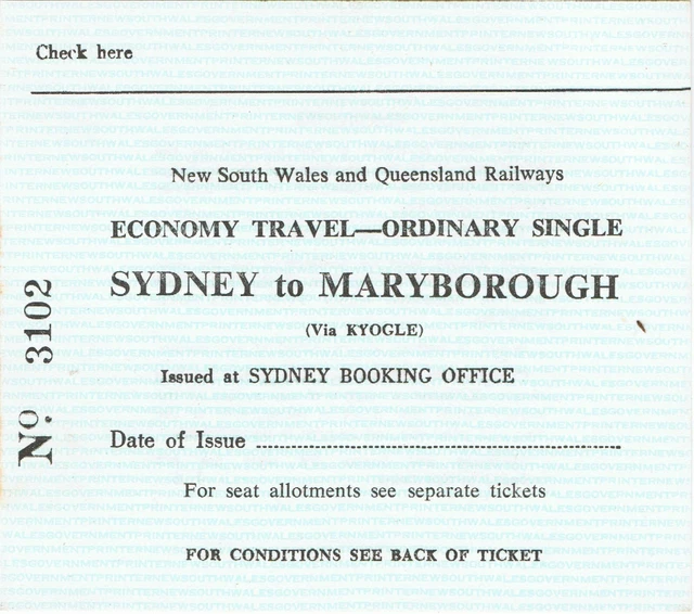 RAILWAY TICKETS NSWGR QR Sydney to Maryborough economy single adult ...