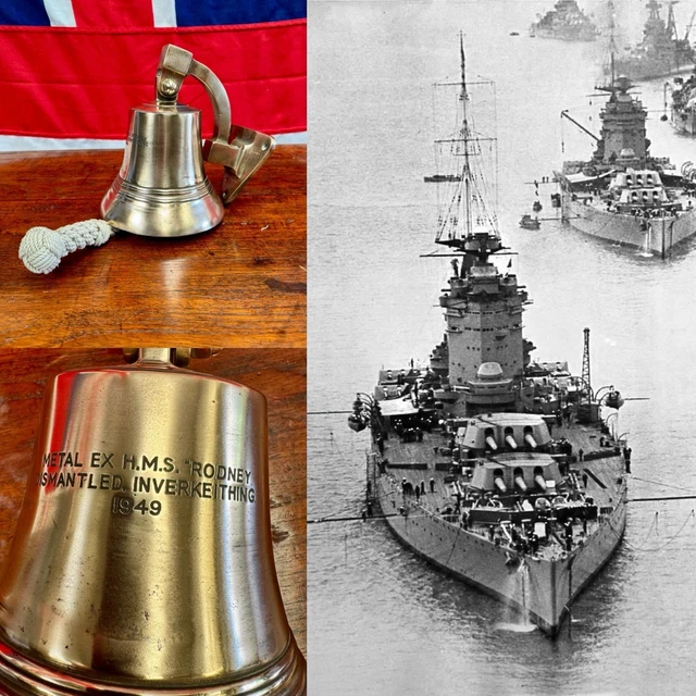 VINTAGE LARGE ROYAL Navy HMS Rodney Reclaimed Solid Bronze Ships Bell c ...