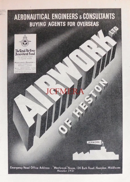 « AIRWORK LTD. of Heston » PUBLICITÉ pour ingénieurs aéronautiques - Air Ephemera de la Seconde ...