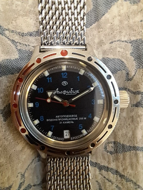 VOSTOK AMPHIBIA 200M water resistant diver with date, black dial, blue ...