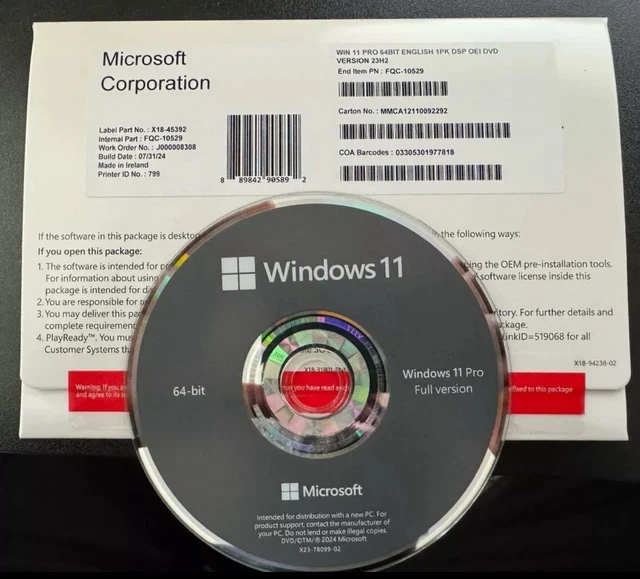 WINDOWS 11 PRO 64bit English Full DVD Version Factory Sealed (FQC-10529 ...