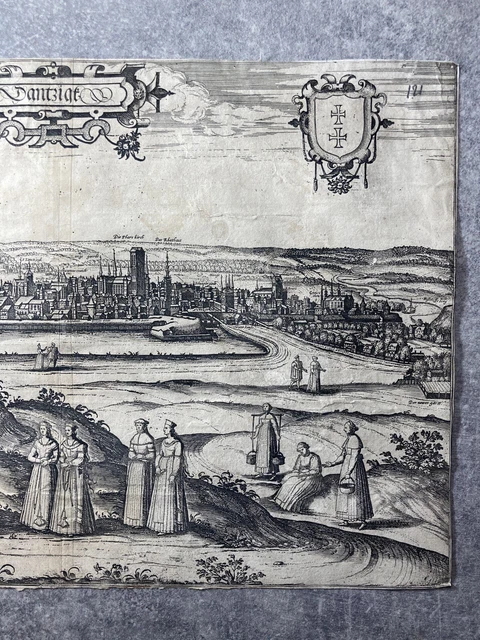 GRAVURE CARTE DANTZIG (GDANSK) « DANTZIGT » XVIe. GEORG BRAUN / FRANS ...
