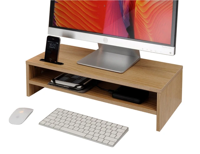 OAK WOOD COMPUTER Monitor Riser Mount Stand with Holder for Screen 2 ...