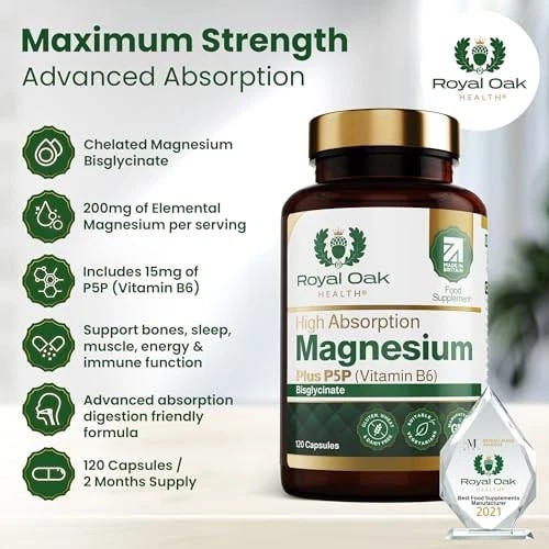MAGNESIUM BISGLYCINATE 200MG Plus P5P Vitamin B6 x120 Capsules Advanced ...