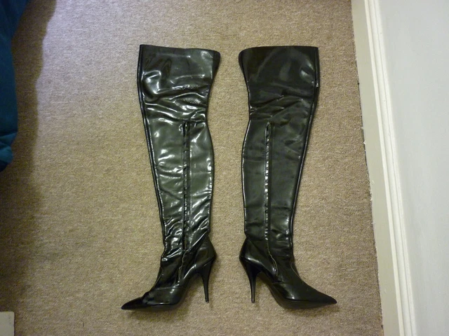 BLACK PATENT LEATHER Vintage Thigh High Boots Size 8 Good Condition £60 ...