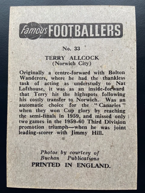 RARE 1960 CHIX Famous Footballers Buchan Publications #33 Terry Allcock ...