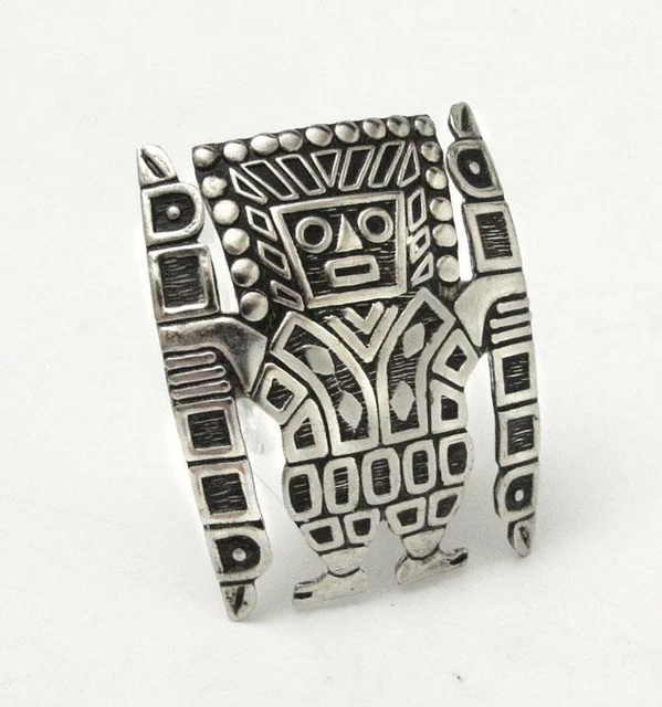 VINTAGE STERLING SILVER Aztec Mayan Peruvian Tribal Inca God Brooch Pin ...