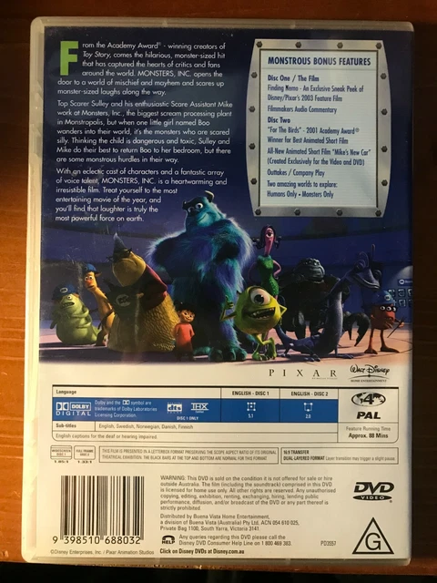 DISNEY PIXAR MONSTERS Inc DVD (DISC MINT) Movie Pal Region 4 $7.00 ...