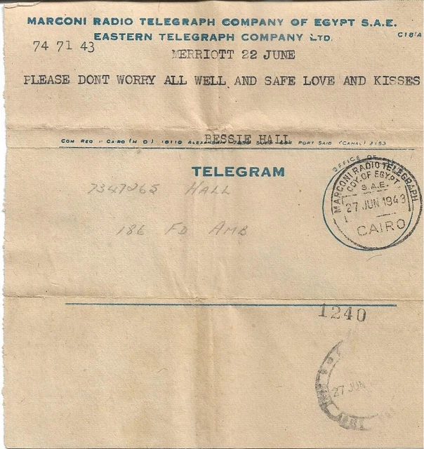 MARCONI RADIO TELEGRAPH Company of Egypt S.A.E telegram from Cairo 1943 ...