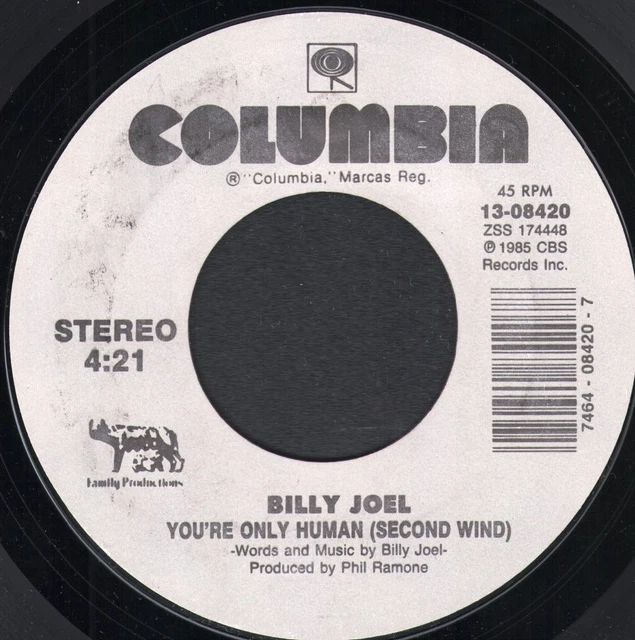 BILLY JOEL YOU'RE Only Human (Second Wind) 7" vinyl USA Columbia 1988 ...
