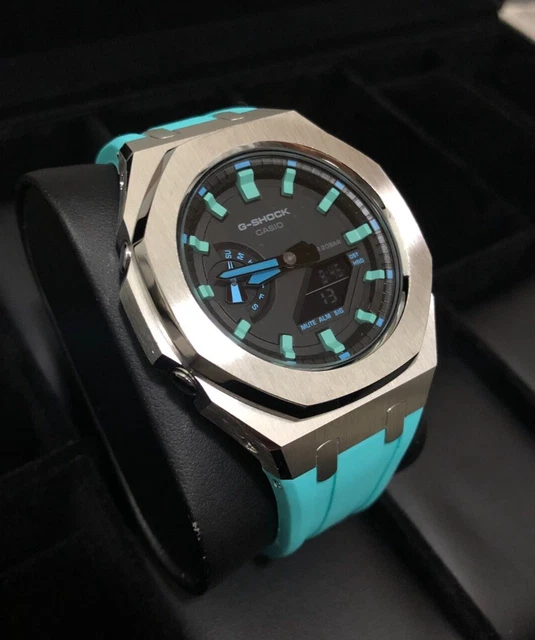 CASIO G-SHOCK GA-2100-1A2ER Cyan Dial Custom Casioak Steel Case Mod Men ...
