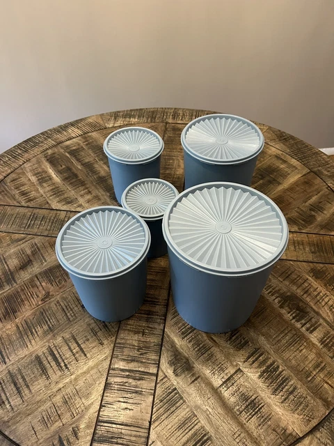 VINTAGE SERVALIER BLUE Nesting Stacking Tupperware Canister Set of 5 w ...