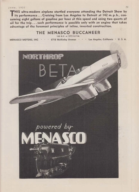 THE NORTHROP BETA Monoplane powered by Menasco ad 1931 £9.85 - PicClick UK