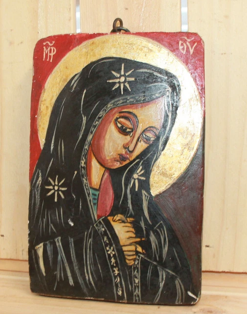 Vintage Religious Hand Painted Icon Jesus Christ Child The Virgin Mary