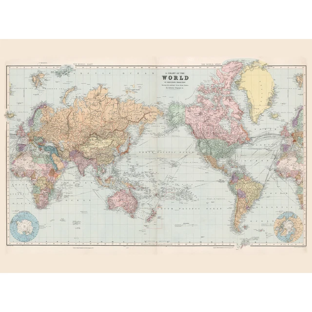MAP STANFORD 1901 World Mercator Projection Chart Wall Art Canvas Print ...
