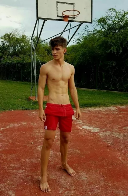 Shirtless Male Bare Foot Basketball Hunk Red Shorts Athletic Man Photo