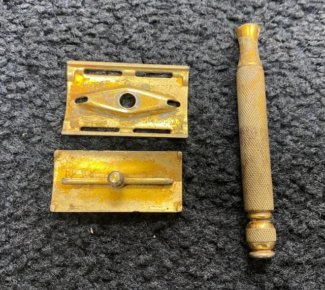 GILLETTE 1930S BALL End Gold Tone Vintage Safety Razor 3 Piece Has Wear ...