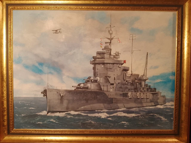 ORIGINAL MARINE ART Painting 'HMS Warspite, Battleship 28x20" Not a ...