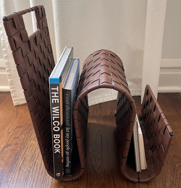 VINTAGE MAGAZINE RACK Book Stand Curved Woven Leather-Like Vinyl Metal ...