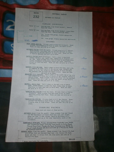 LONDON TRANSPORT BUSES-ROUTE 232 Terminal Working Sheet 1968 £5.50 ...