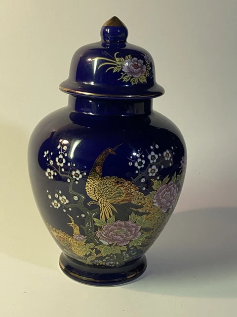 VINTAGE COBALT BLUE Ginger Jar Peacock/Floral Design Japan Porcelain £ ...
