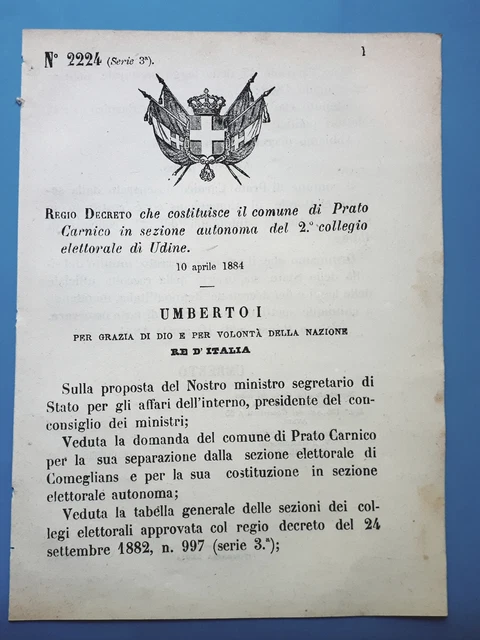 DECREE KINGDOM OF Italy Common Constitution Prato Carnico in section of ...