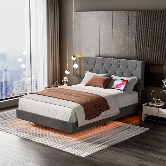 MODERN DESIGNER 4FT6 DOUBLE FAUX LEATHER FLOATING BED FRAME WITH SMART ...